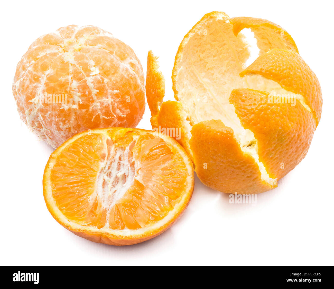One whole peeled Clementine, separated rind and one half, isolated on ...
