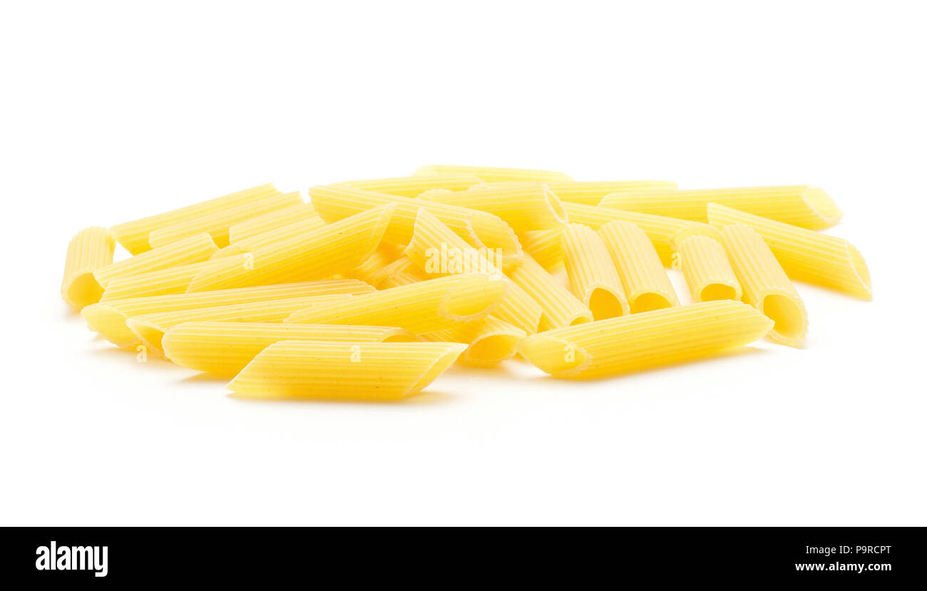 Penne rigate isolated on white background dry raw pasta pieces stack ...