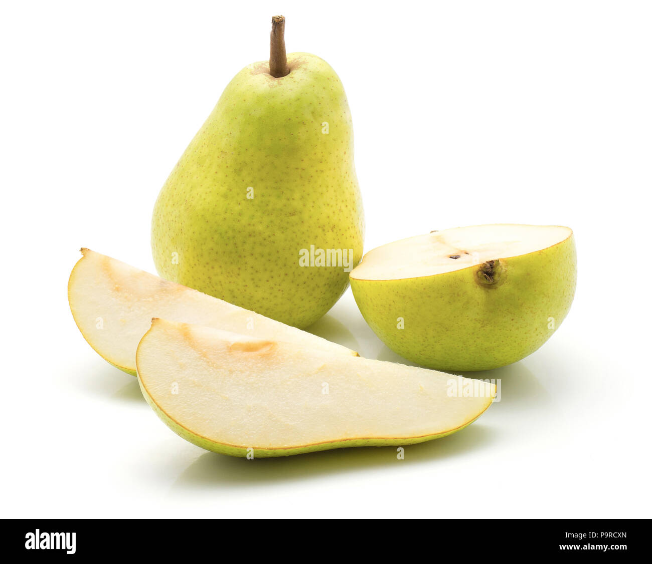 Green pears stack isolated on white background one whole one half two ...
