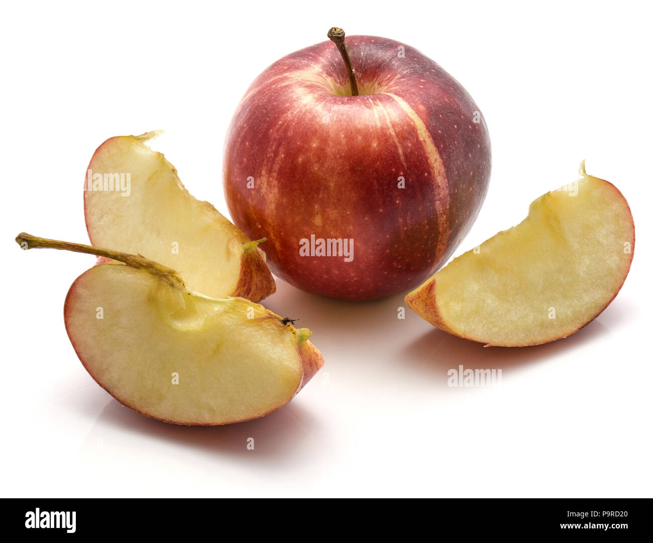 Gala apple, one whole, three slices, isolated on white background Stock ...