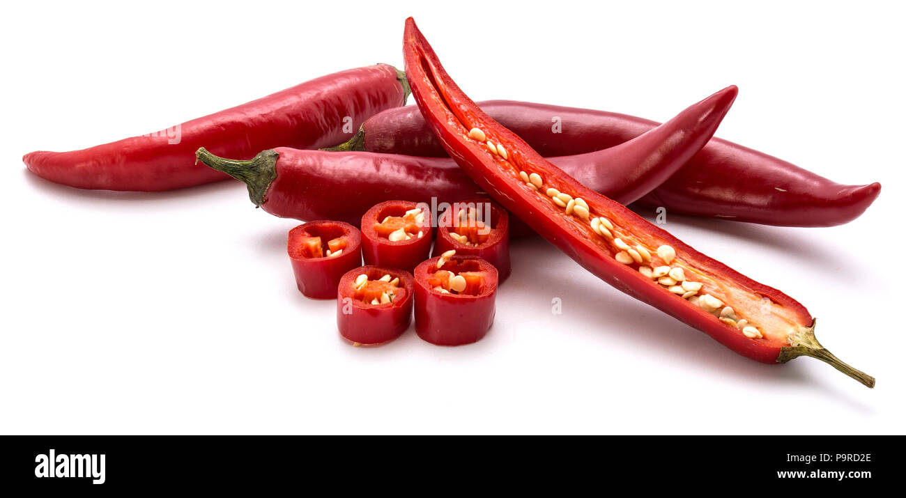 Group of whole, sliced and half red Chilli isolated on white background ...
