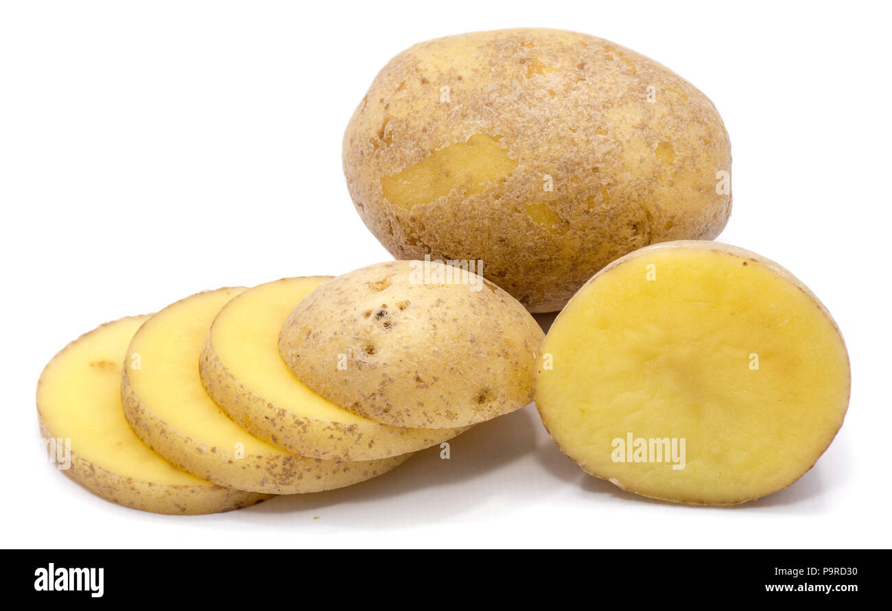 One whole potato, half and slices isolated on white background Stock ...