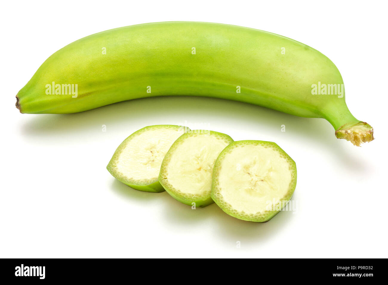One whole and sliced plantain isolated on white background three rings ...