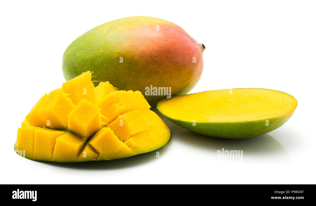 Sliced mango hedgehog shape isolated on white background one whole and ...