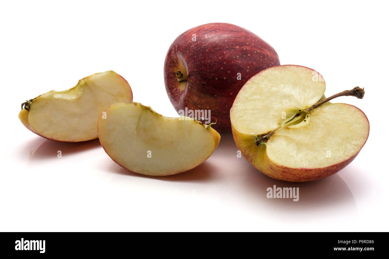 Gala apples composition, one whole, half and two slices, isolated on ...