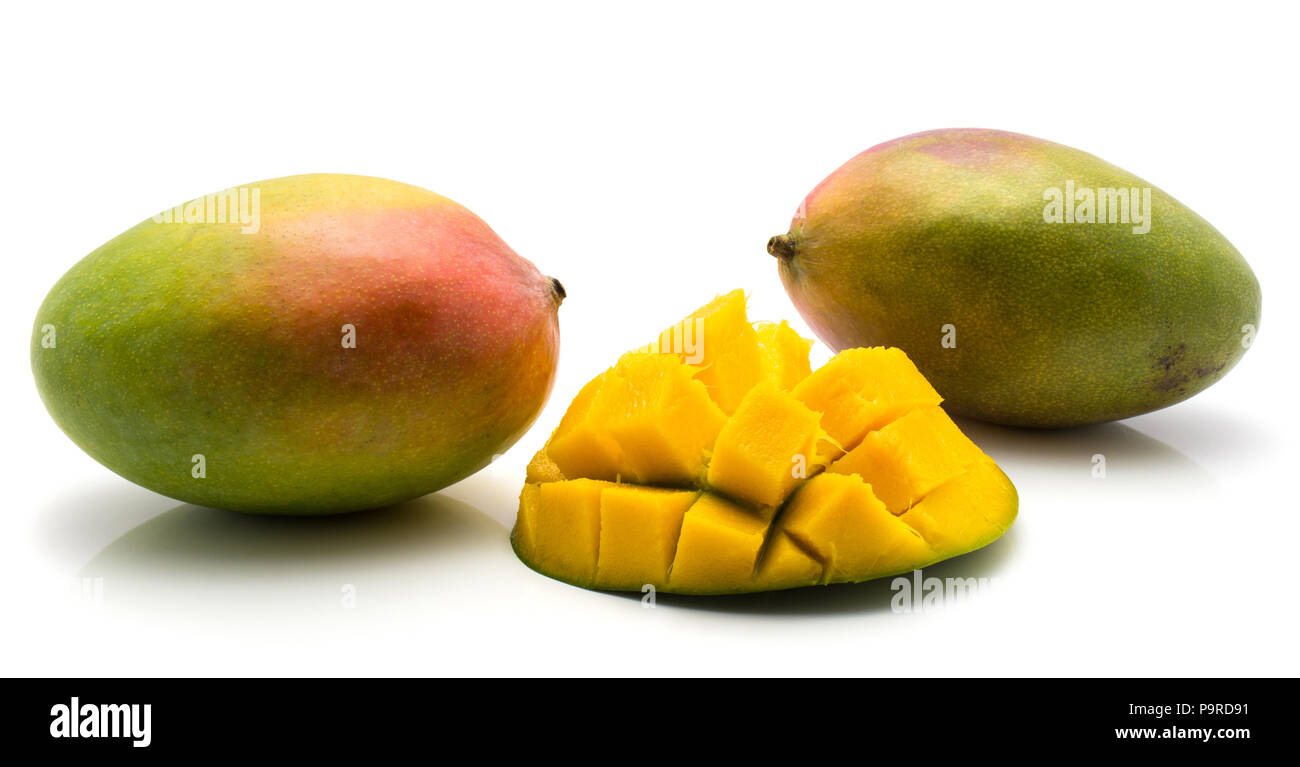 Sliced mango hedgehog shape isolated on white background one half two ...