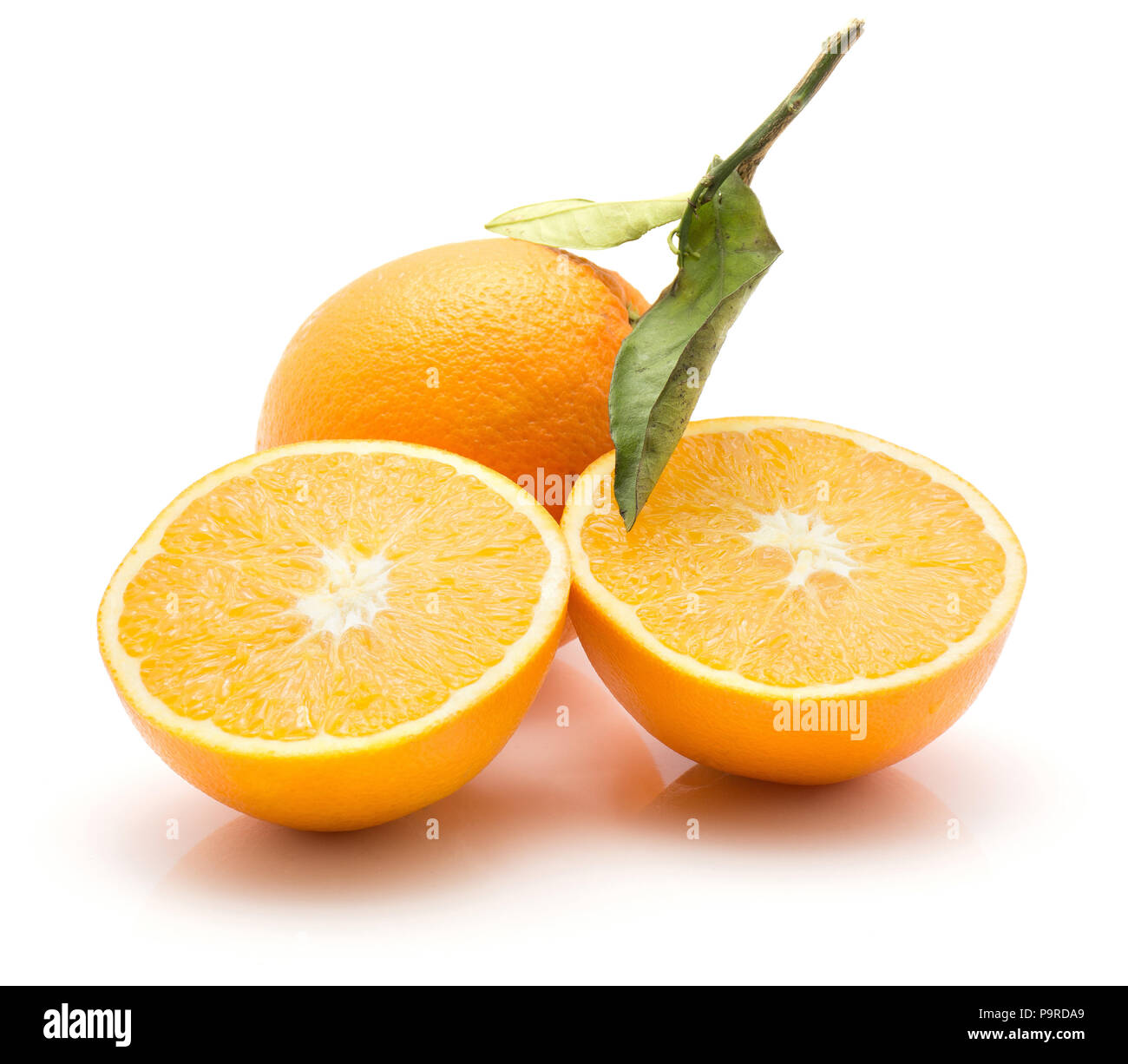 One orange with green leaf and two halves isolated on white background ...