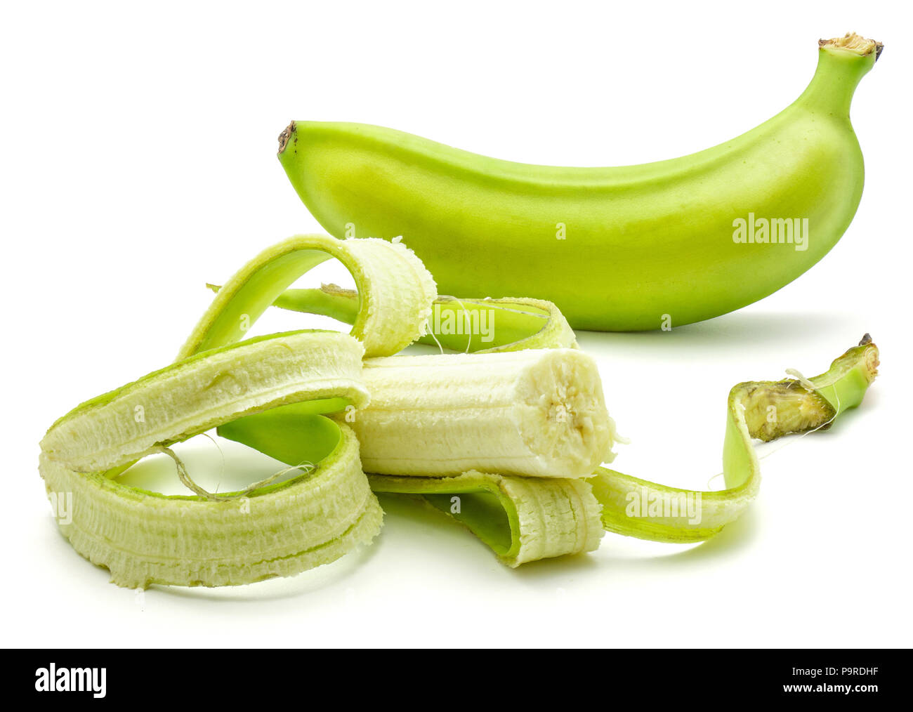 One whole plantain, one open and bitten plantain, isolated on white ...