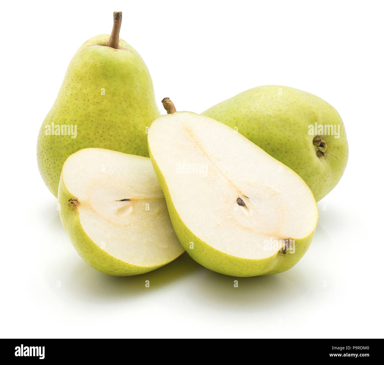 Green pears isolated on white background two whole two sliced halves ...
