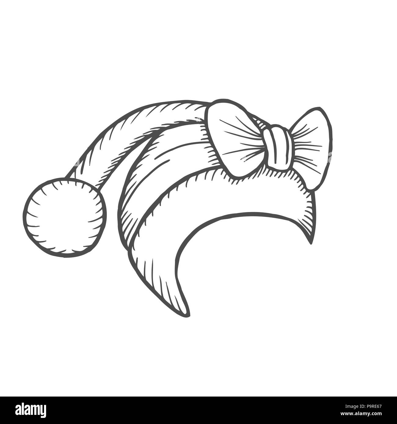 Hand drawn Sketch of Santa Hat with bow. Doodle ink santa hat or ...
