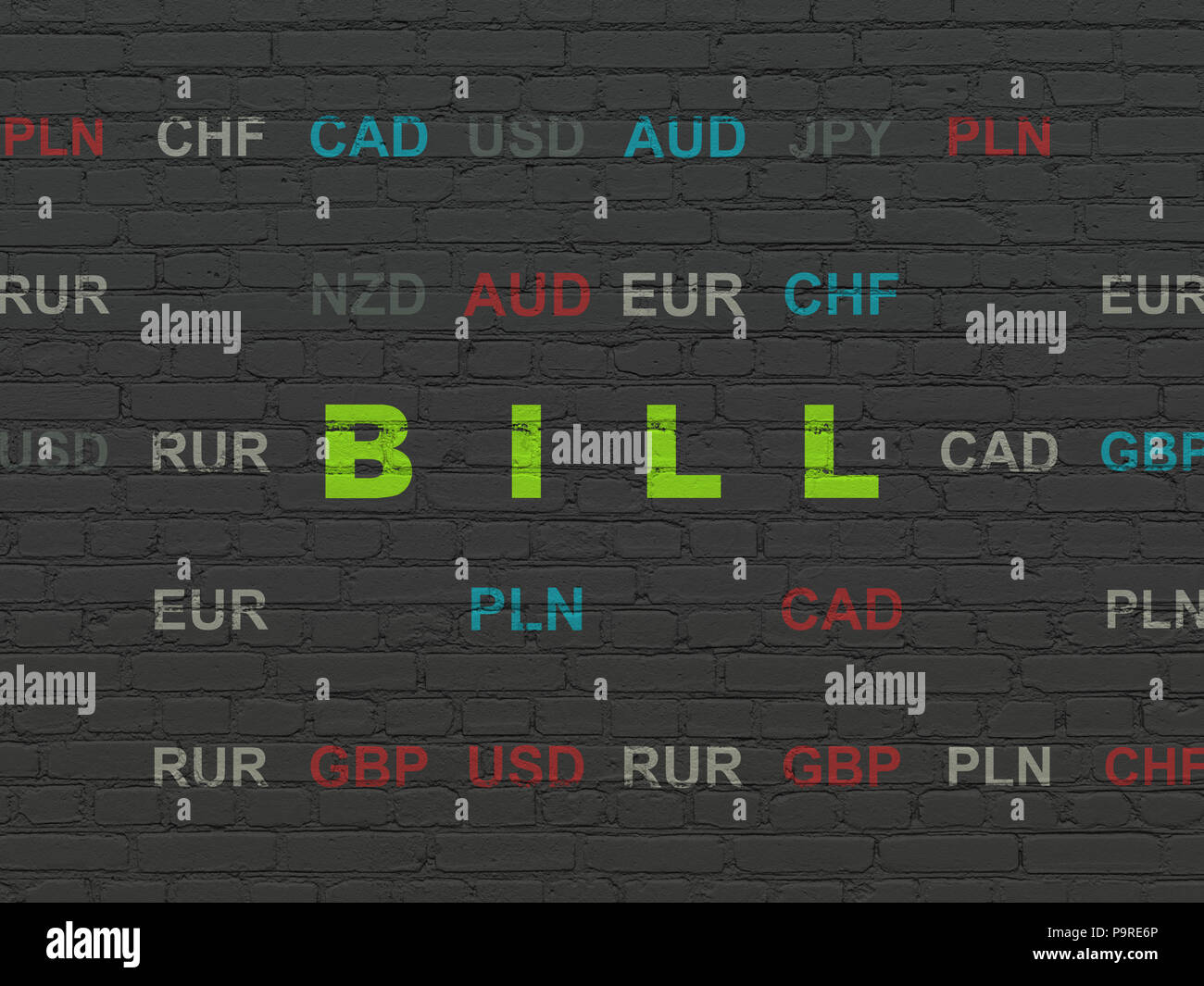 Money concept: Painted green text Bill on Black Brick wall background ...