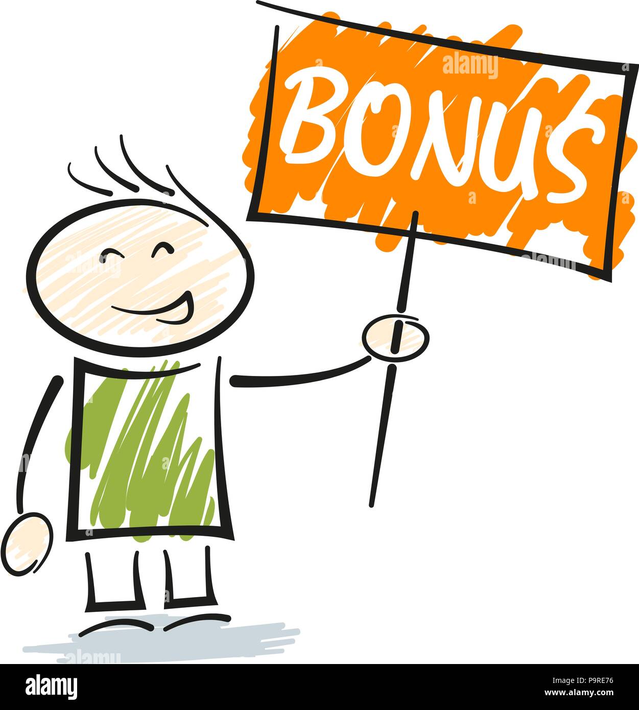 smiling stickman character holding sign with word BONUS Stock Vector ...