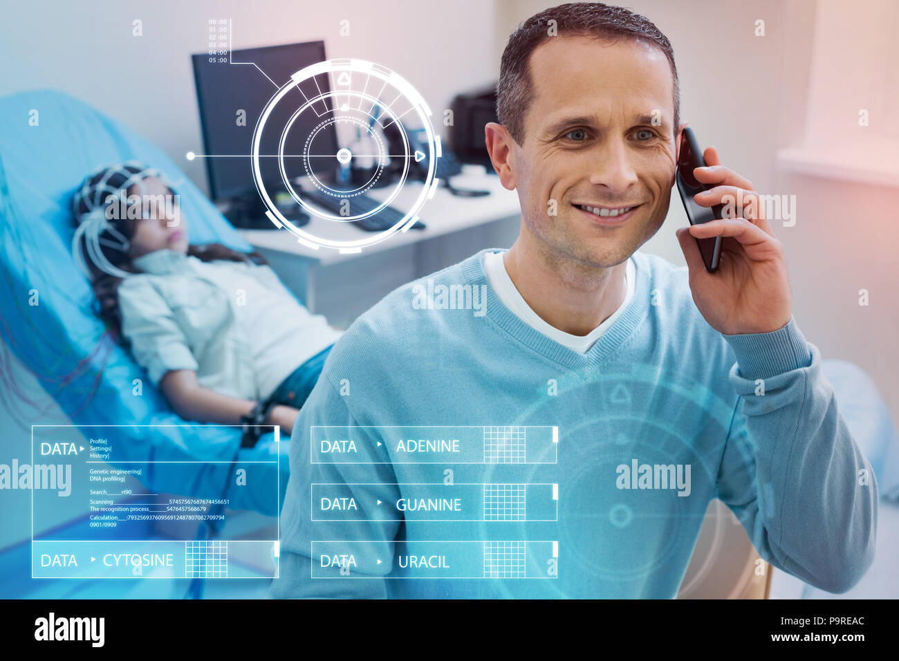 Smiling man. Little girl getting ready for the EEG procedure and her ...