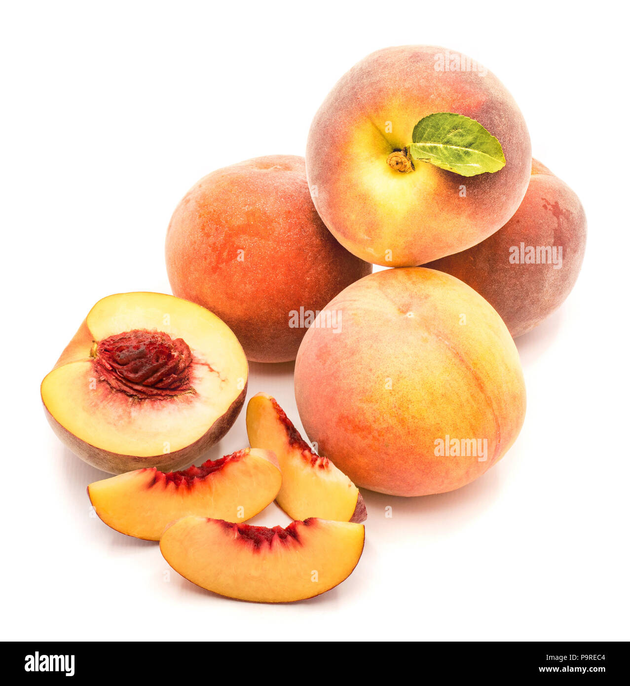 Peach composition isolated on white background, whole, sliced and ...