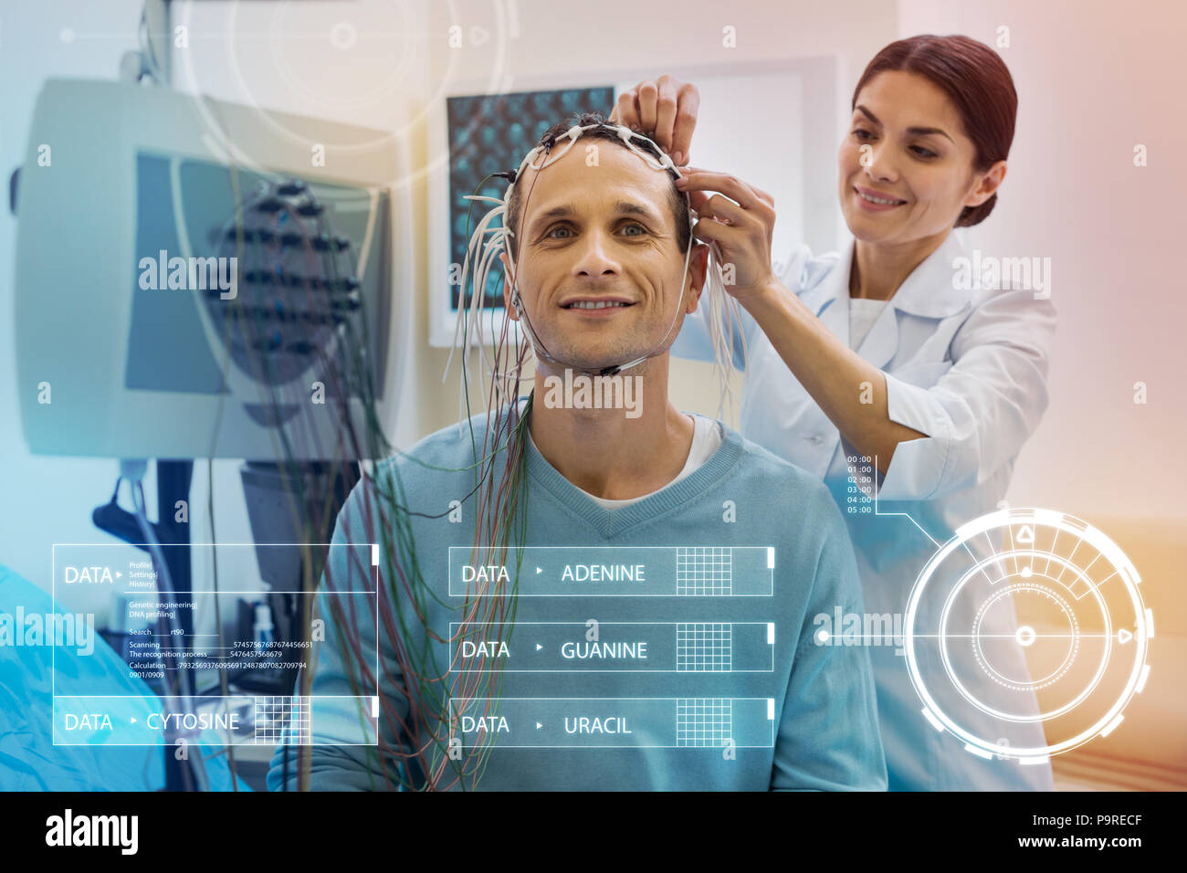 Ready for EEG. Calm man smiling while sitting in a modern clinic and ...