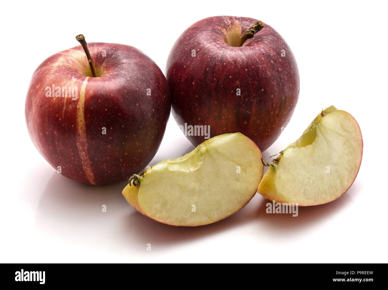 Gala apples, two whole, two slices, isolated on white background Stock ...