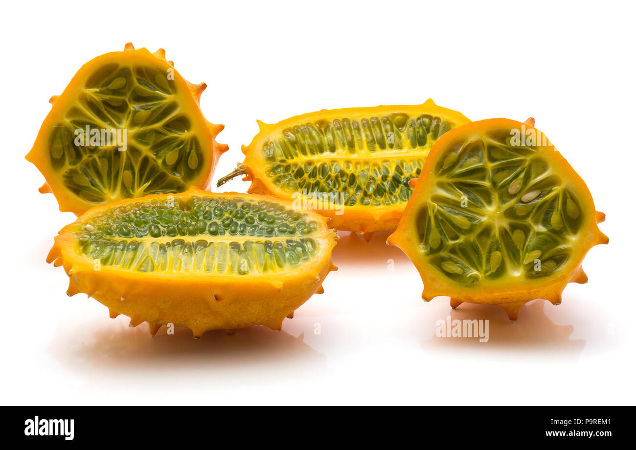 Sliced kiwano isolated on white background two halves cross section ...