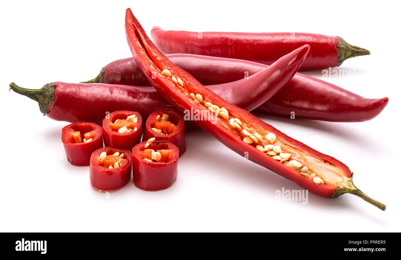 Group of whole, sliced and half red Chilli isolated on white background ...
