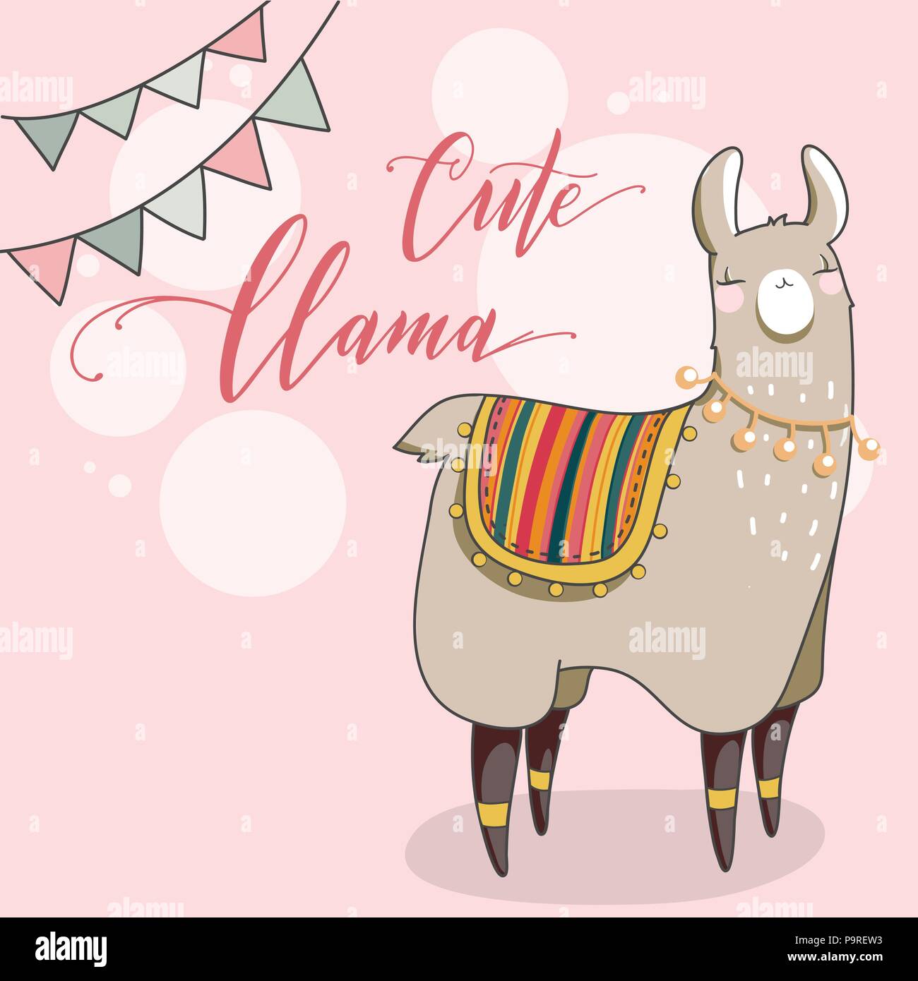 Cute Lama in cartoon style. Hand drawn vector illustration. Elements ...