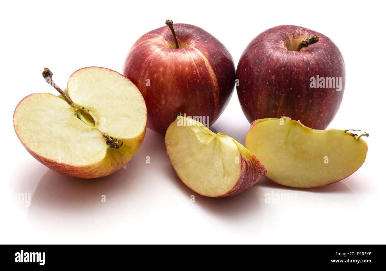 Gala apples, two whole, one half, two slices, isolated on white ...