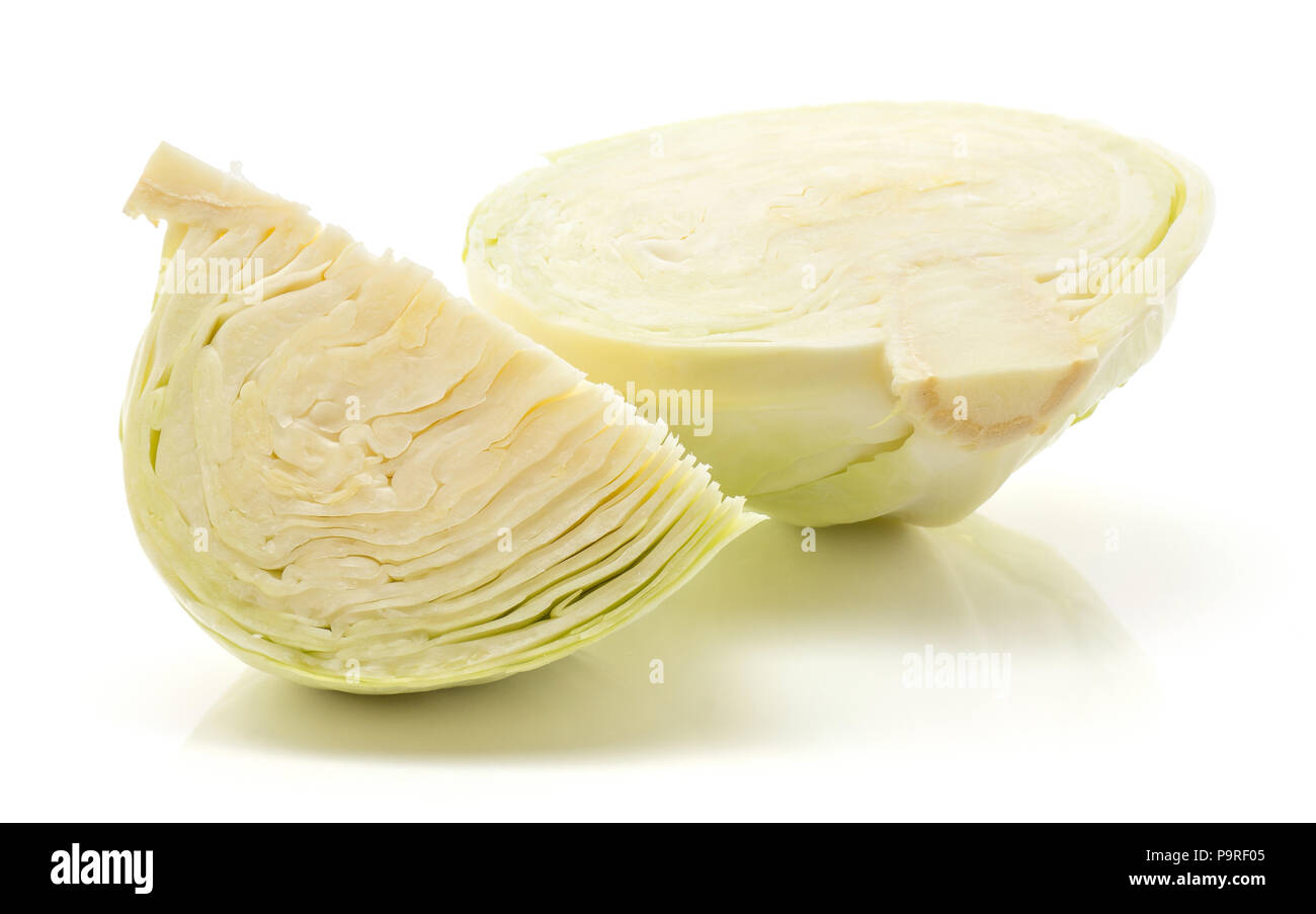 Sliced white cabbage isolated on white background one half and one ...