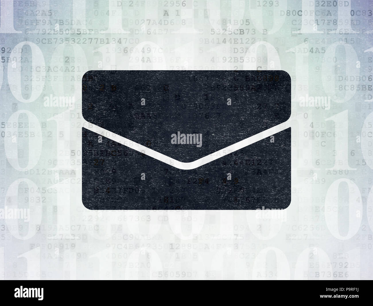 Business concept: Painted black Email icon on Digital Data Paper background with Binary Code ...