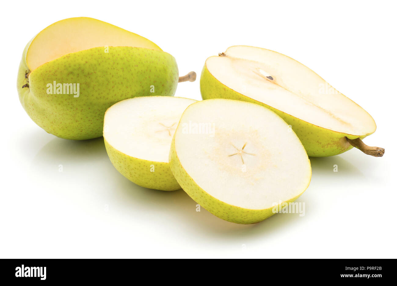 Green pears stack isolated on white background one whole two circles ...