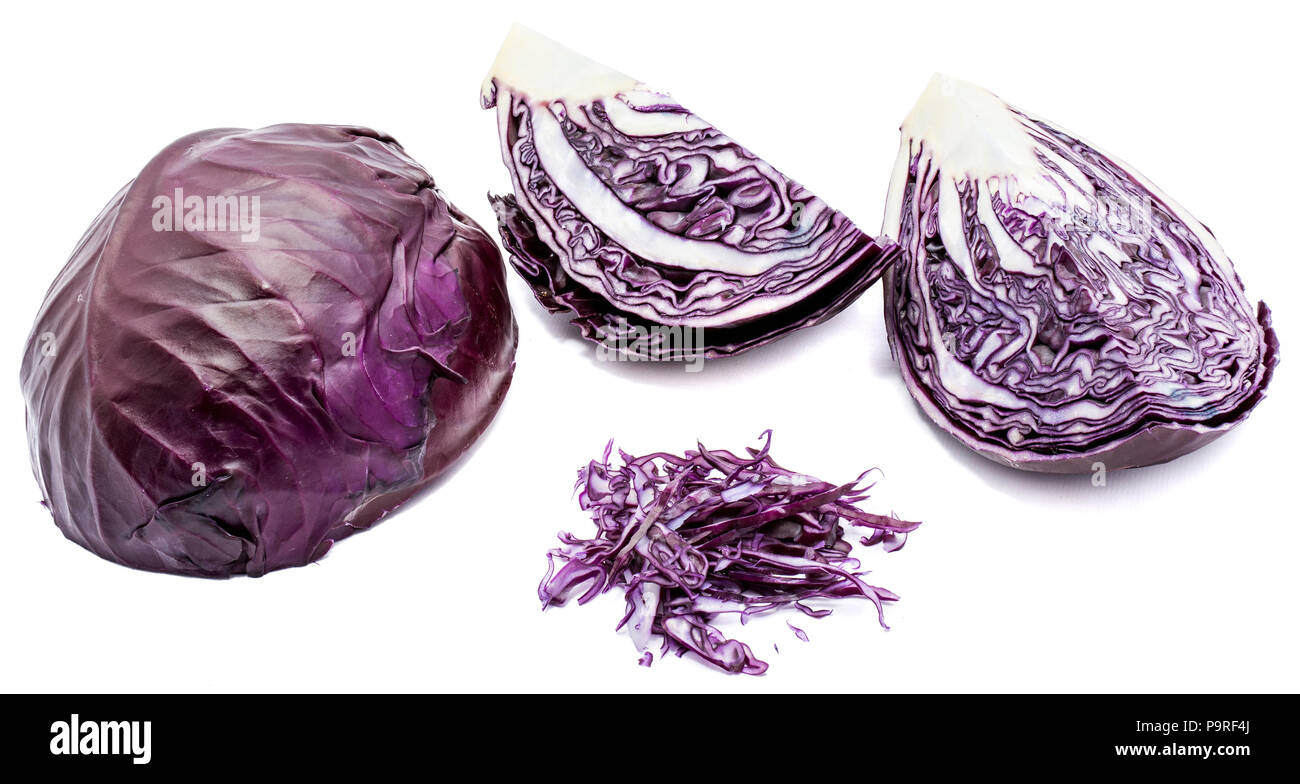 Group of sliced purple cabbage, one half, two quarters and shredded or ...