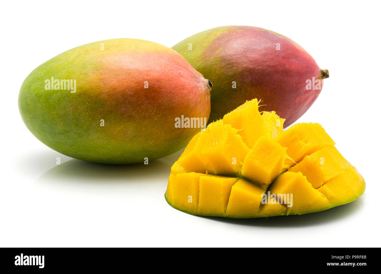Sliced mango hedgehog shape isolated on white background one half and ...