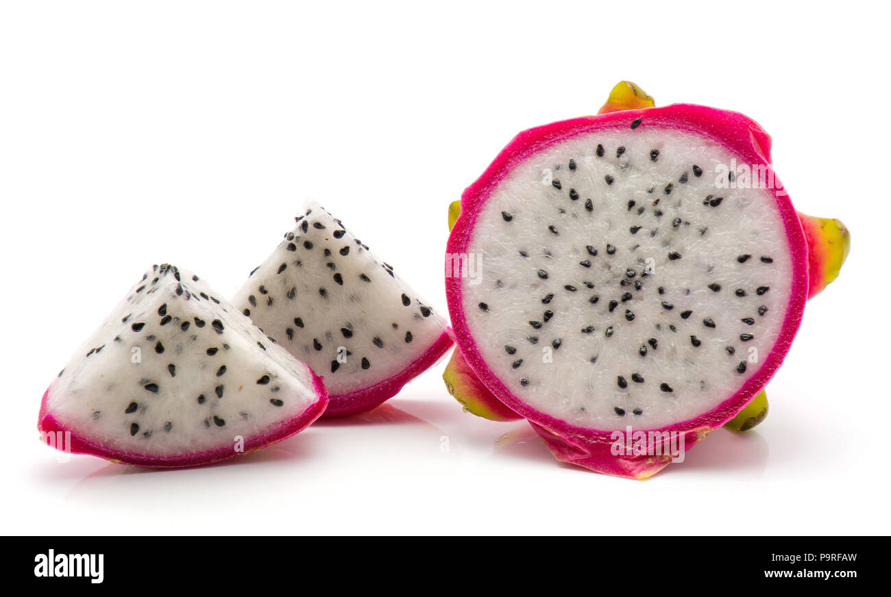 Two dragon fruit (Pitaya, Pitahaya) pieces and one half isolated on ...