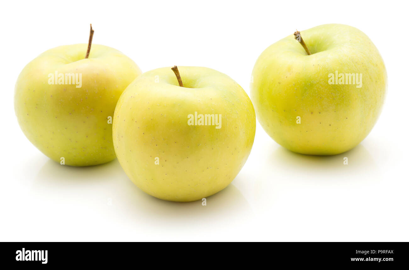 Three apples (Smeralda variety) isolated on white background green ...