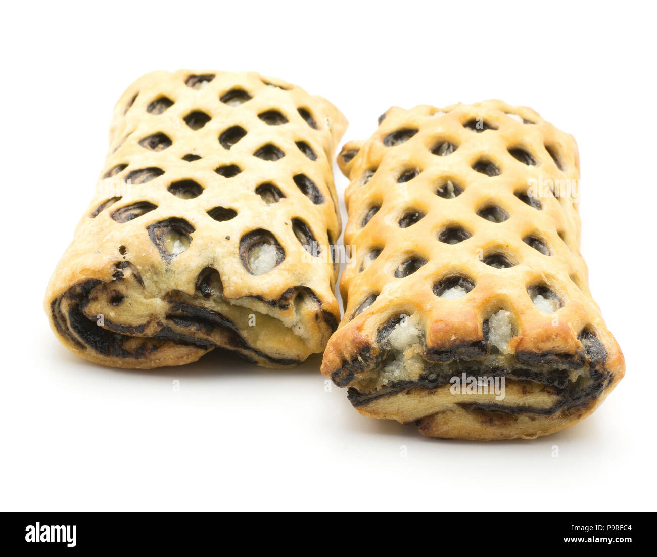 Two lattice breads with coconut and sweet chocolate inside isolated on ...