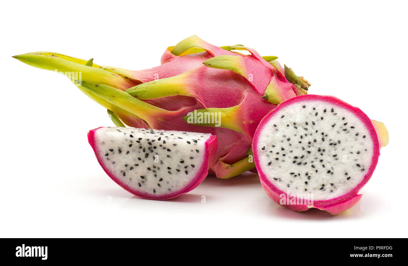 Sliced dragon fruit (Pitaya, Pitahaya) isolated on white background one ...