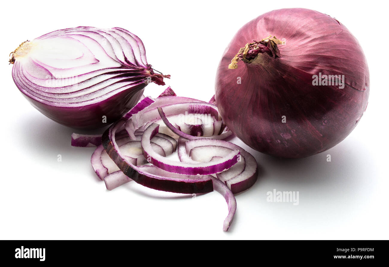 Red one bulb and quarter, sliced pieces, isolated on white background ...