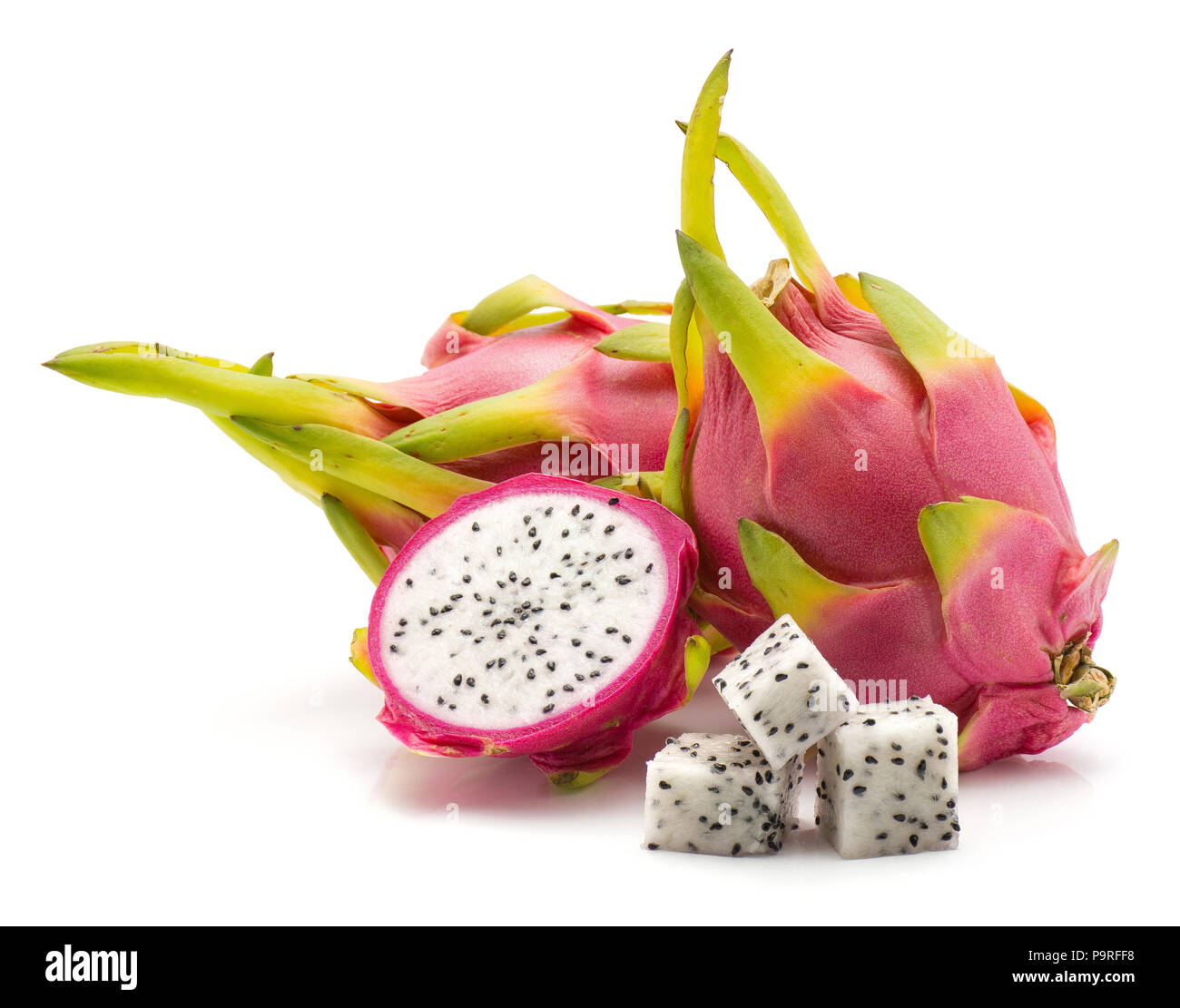 Dragon fruit (Pitaya, Pitahaya) isolated on white background two whole ...