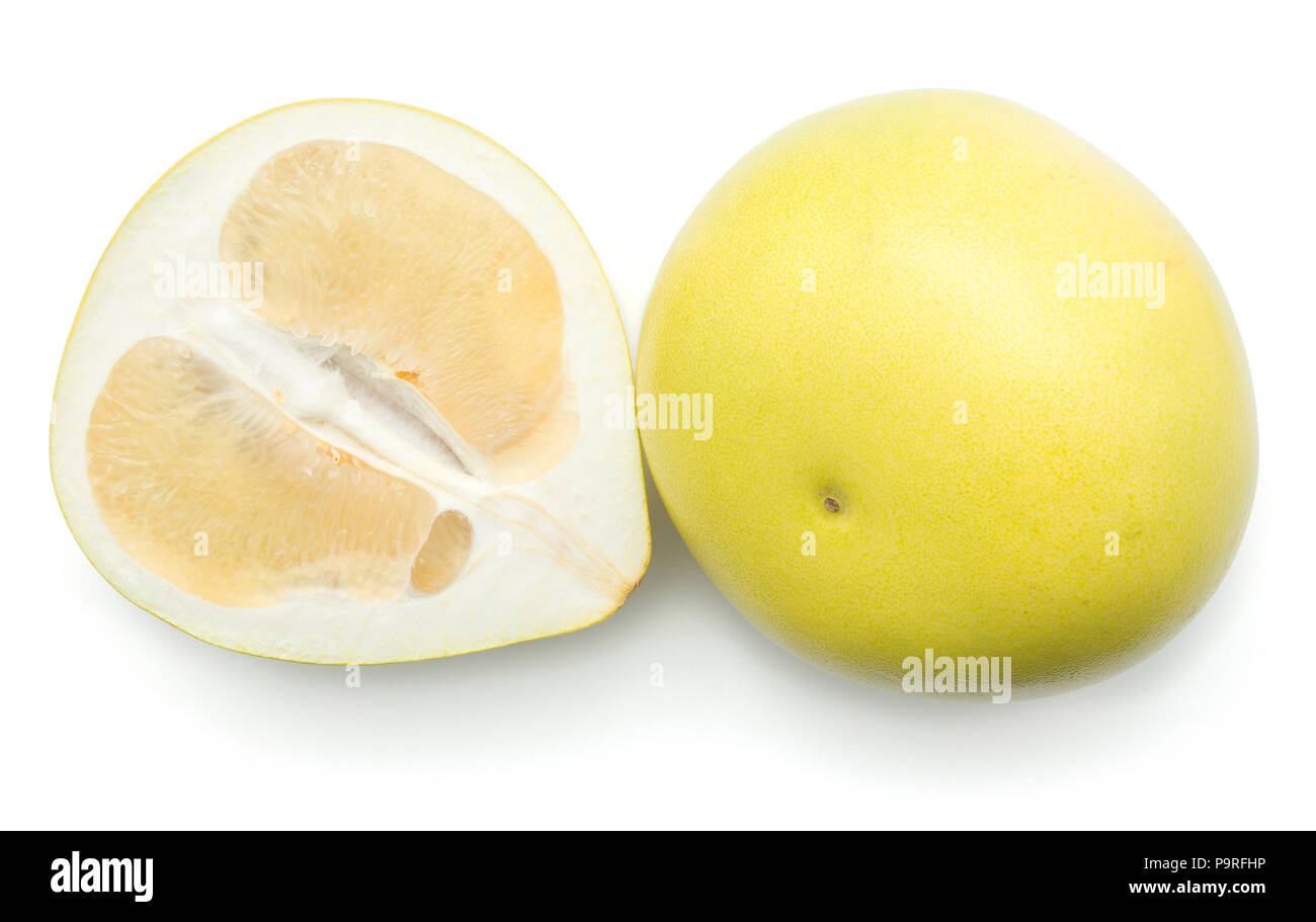 Top view pamelo isolated on white background one whole and cross ...