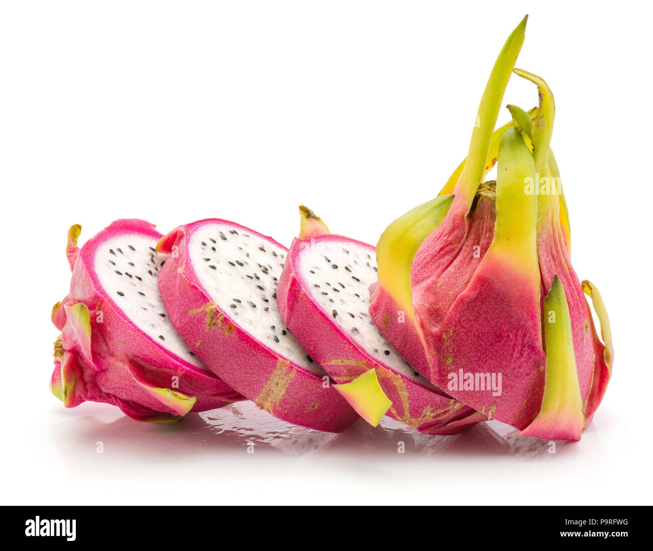 Sliced dragon fruit (Pitaya, Pitahaya) isolated on white background one ...
