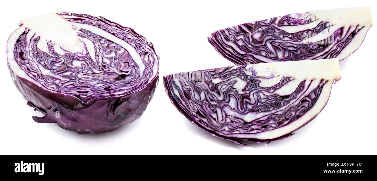 Two sliced quarters of purple cabbage and one half isolated on white ...