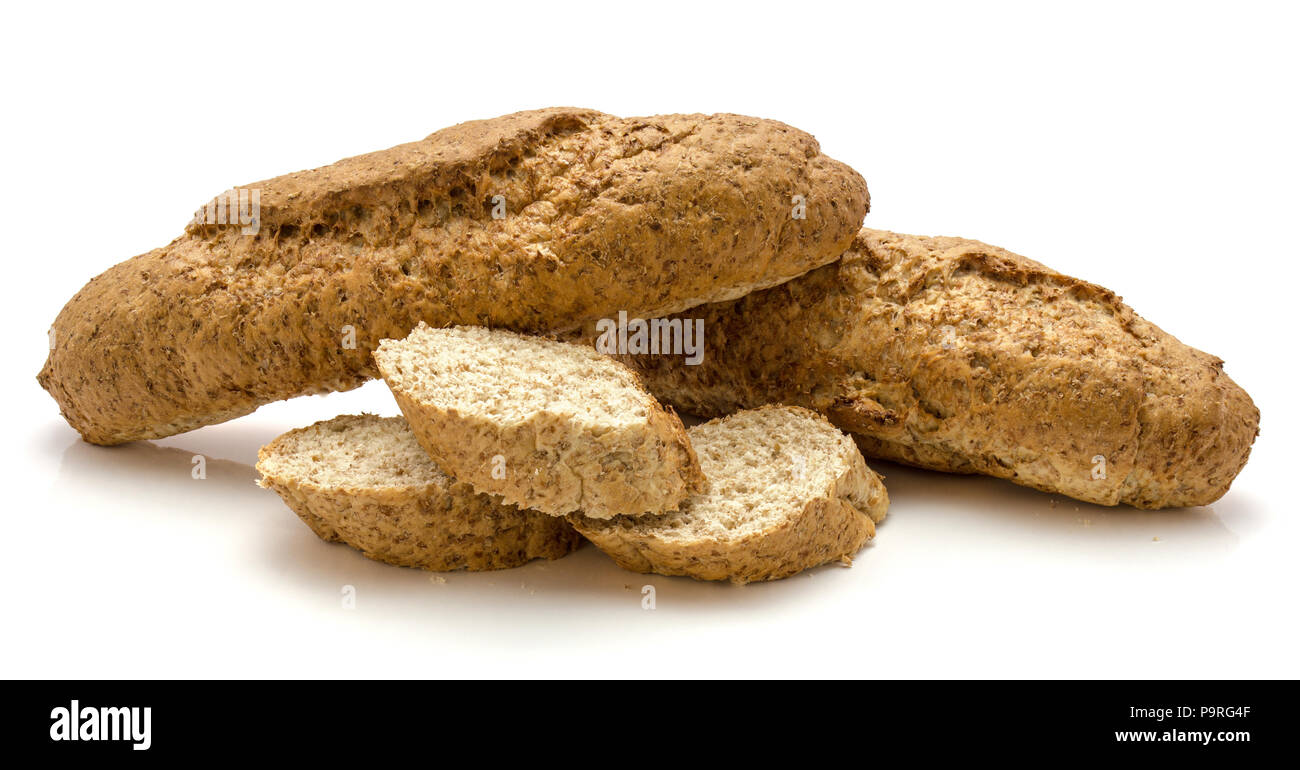 Whole wheat bran bread isolated on white background two bagels and ...