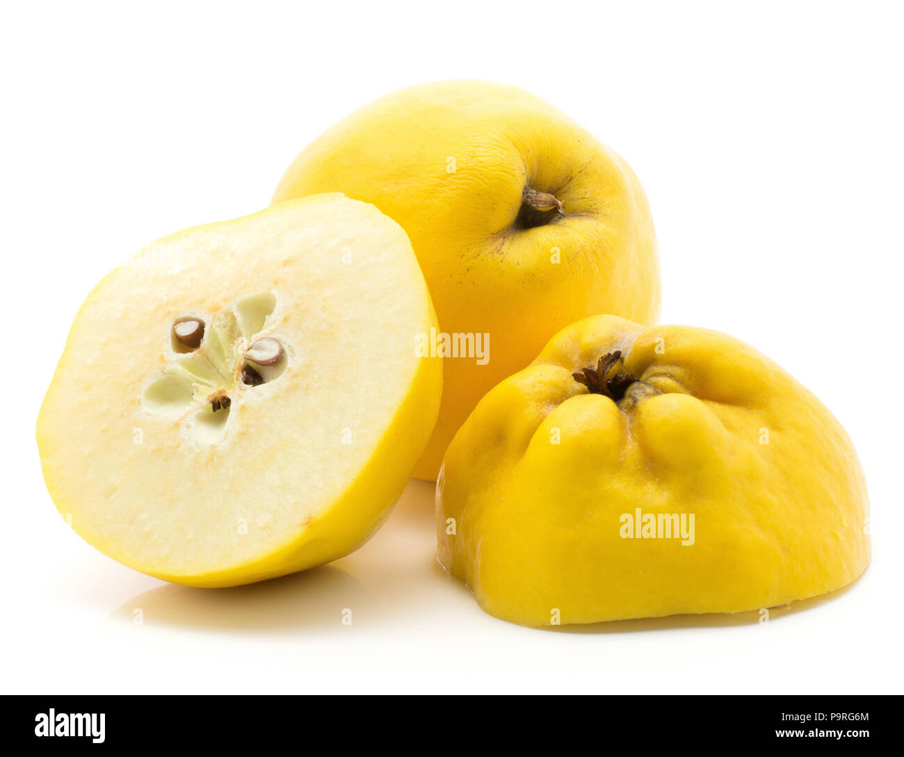 Sliced quince set isolated on white background raw yellow one whole and ...
