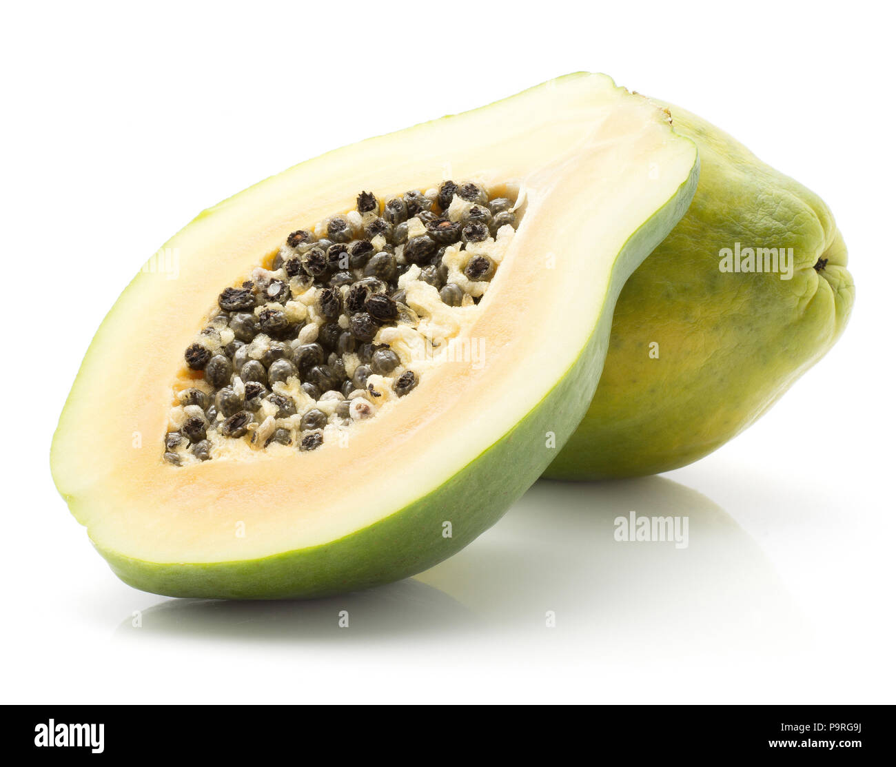 Papaya (pawpaw, papaw) isolated on white background one whole green ...