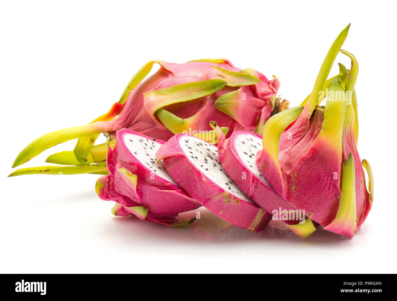 Sliced dragon fruit (Pitaya, Pitahaya) isolated on white background one ...
