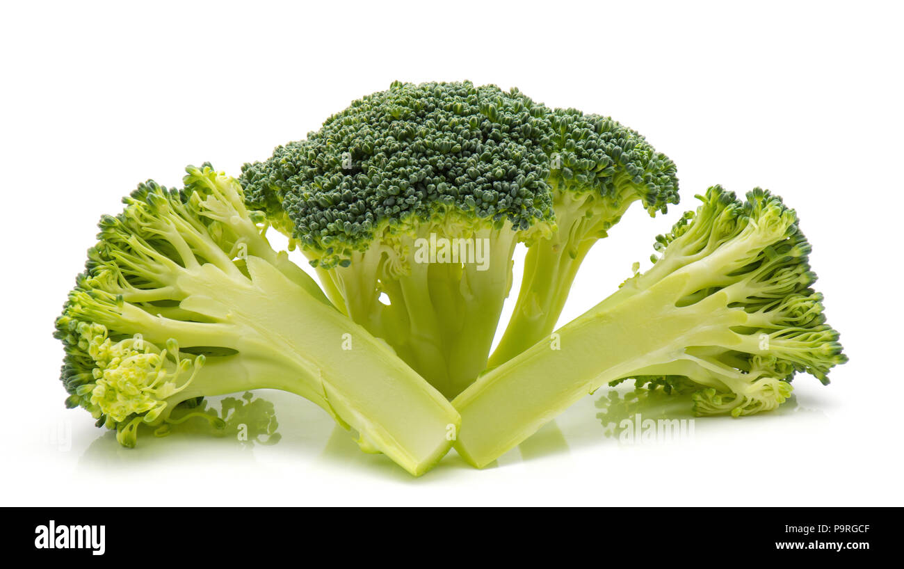 Fresh broccoli isolated on white background one tree like piece and two ...