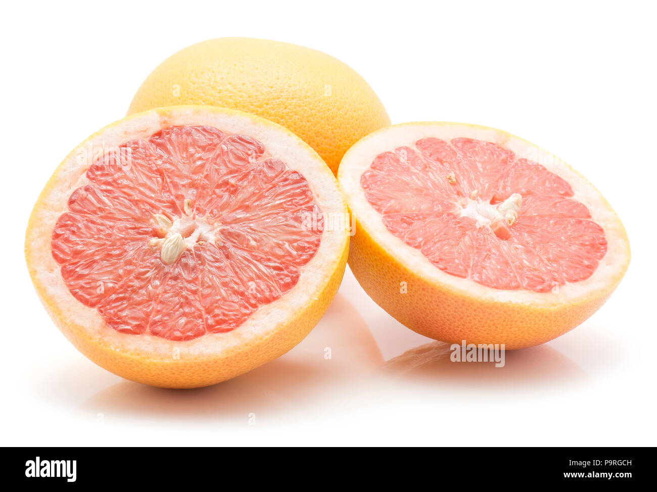Red grapefruit isolated on white background one whole and two cross ...