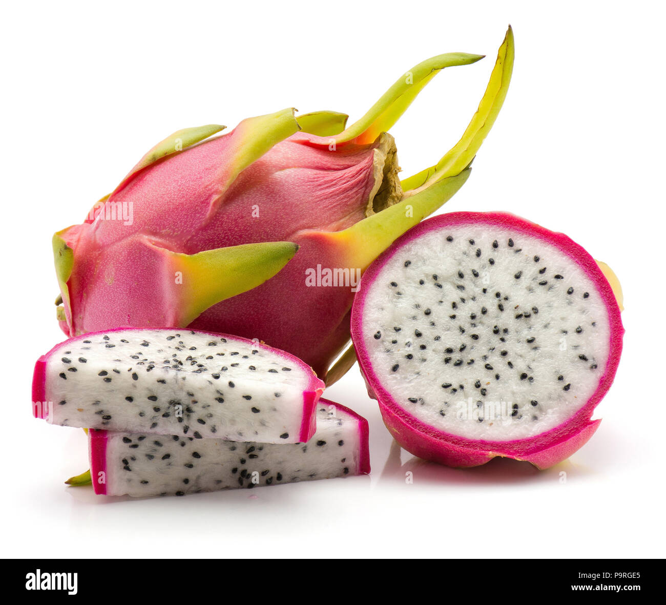 Sliced dragon fruit (Pitaya, Pitahaya) isolated on white background one ...