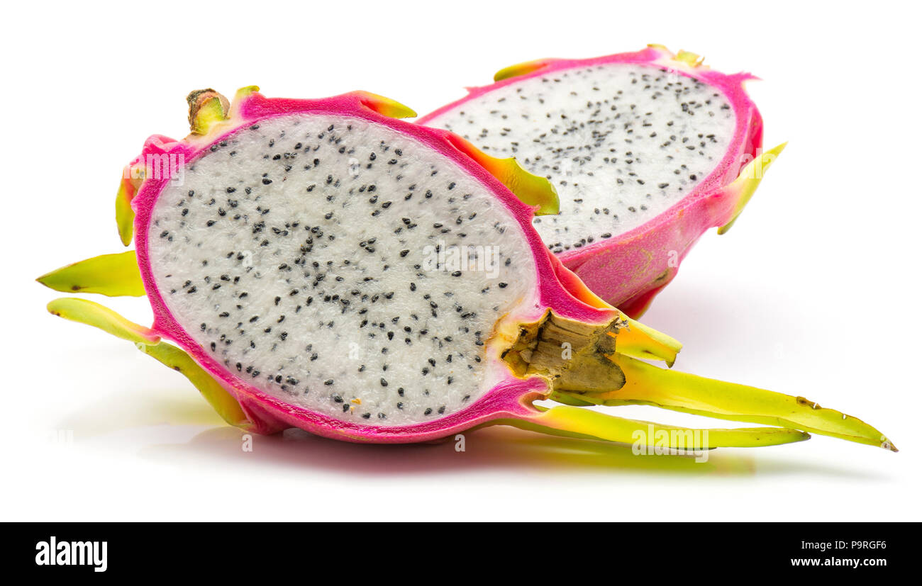 Dragon fruit (Pitaya, Pitahaya) halves isolated on white background one ...