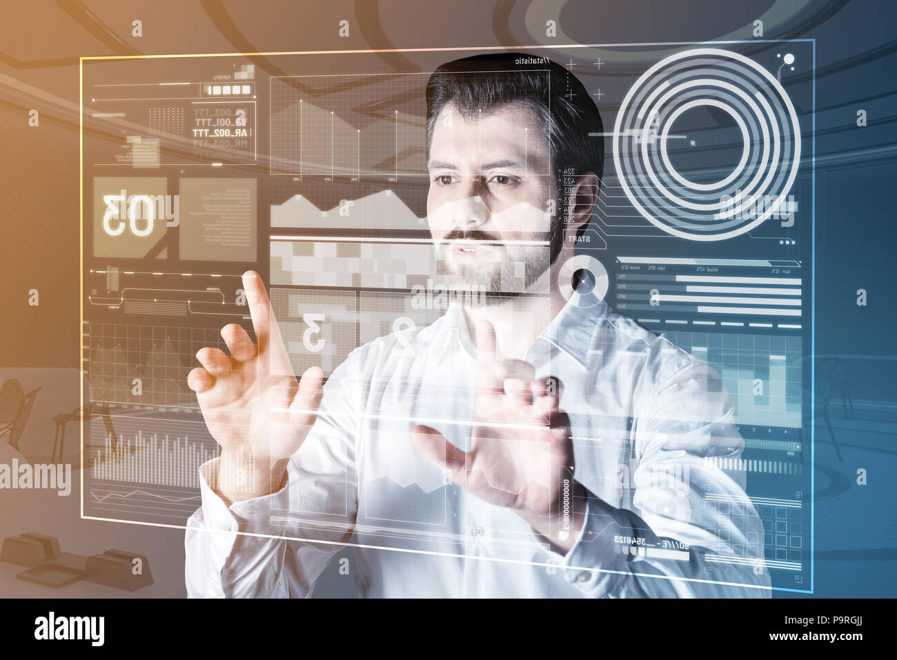 Touching transparent screen. Calm attentive skilled programmer ... Touching transparent screen. Calm attentive skilled programmer ...