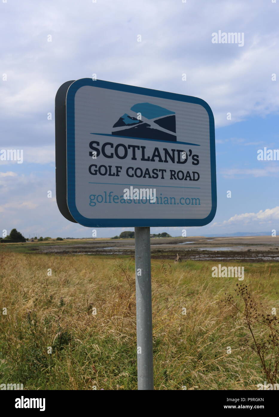 Sign for Scotland's Golf Coast Road on A198 East Lothian Scotland July ...