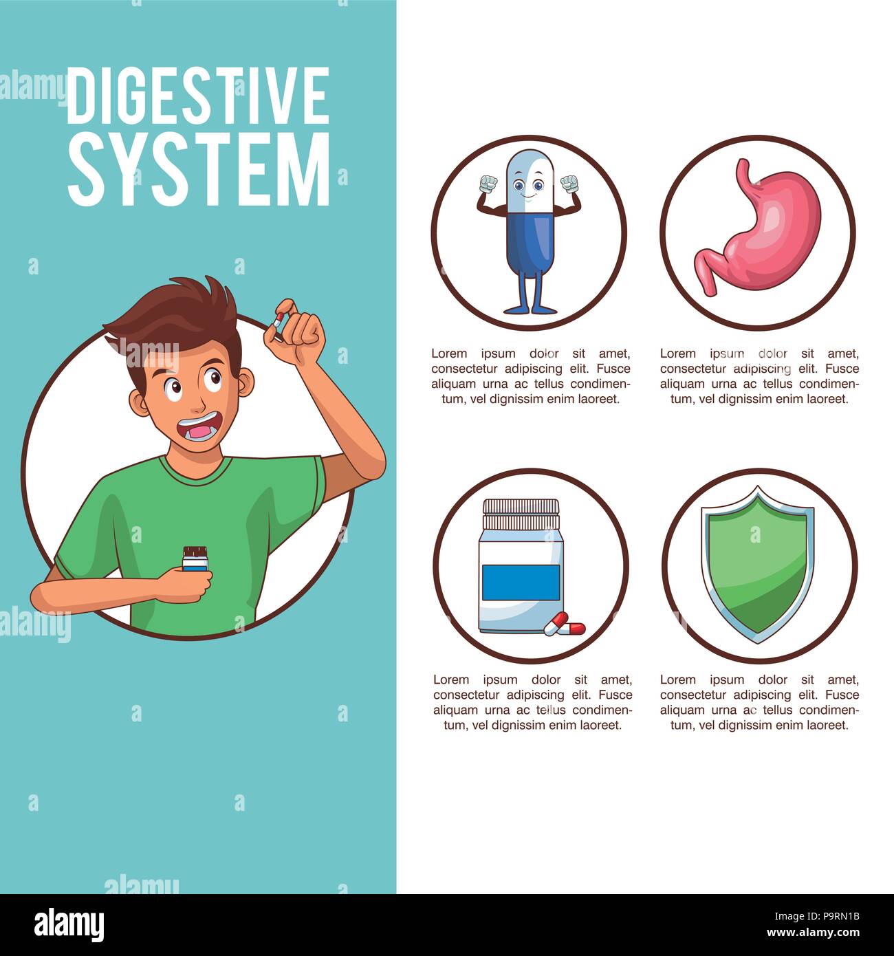 Digestive system and young man with round symbols vector illustration ...