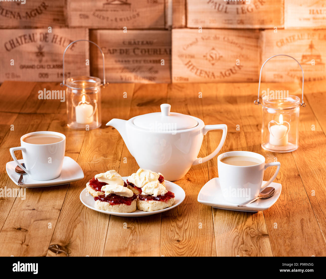 Cornish Cream Tea white crockery, tea pot, cups and saucers Stock Photo ...